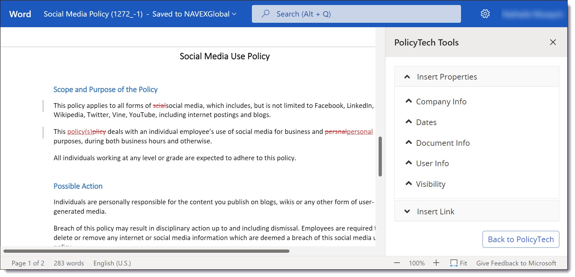 PolicyTech: Adding Content to a Word Document using Office Online