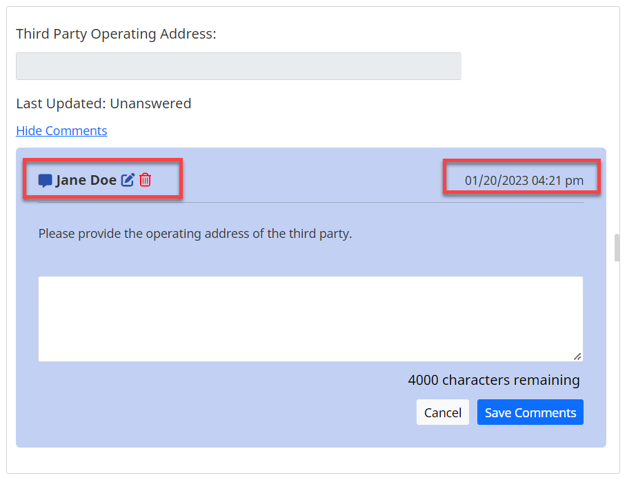 RiskRate: Question-Specific Comments for Assessment Users
